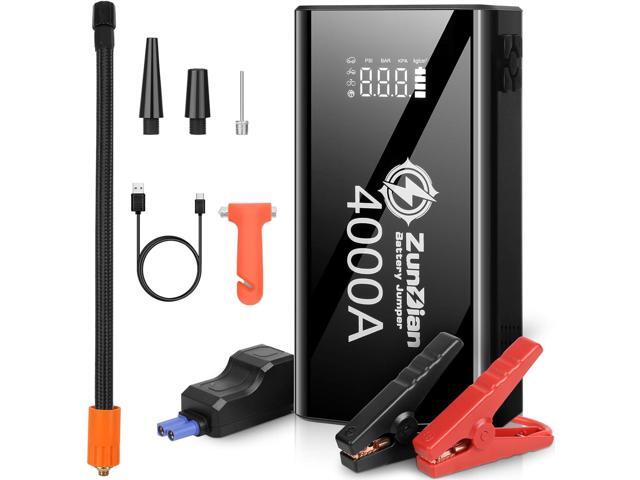 NeweggBusiness Car Jump Starter with Air Compressor ZunDian Q7 4000A Peak Portable Battery Jump Starter with 150PSI Tire Inflator 12V Auto Lithium Jump Box Up to 10.0L Gas 8.0L Diesel Jumper Cables US...