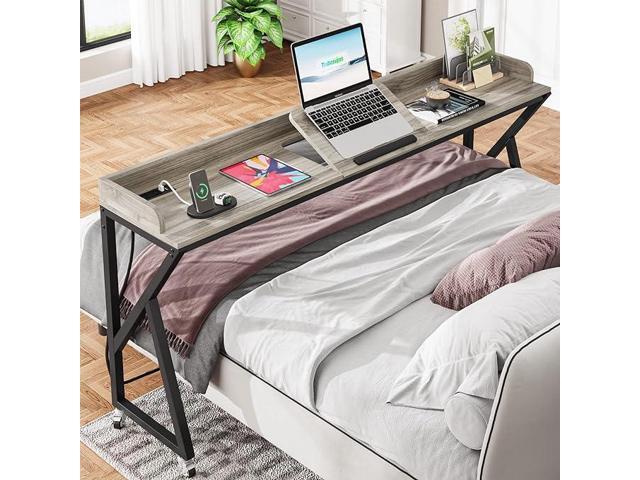 NeweggBusiness Tribesigns 70.9 Overbed Table Queen Size Bed Table Over Bed Desk with Adjustable Tilt Board Mobile Laptop Cart Computer Desk with 2 AC Outlets 2 USB Ports on Wheels Gray