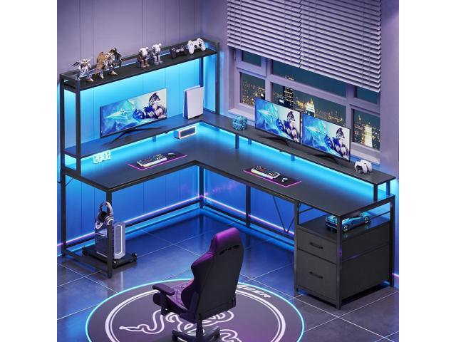 NeweggBusiness L Shaped Gaming Desk 94.4 Home Office Desk with File Drawer and Monitor Shelf Corner Gaming Computer Desk with Hutch Led Lights Reversible L Shaped Desk Two Person Desk Black