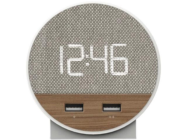 Station O Small Round Alarm Clock w/ Dual USB Charge Wood/Fabric Light ...