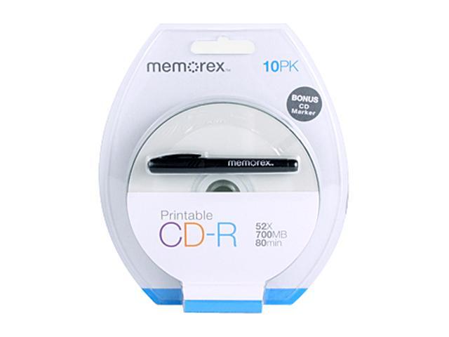 memorex 700MB 52X CD-R White Inkjet Printable Surface 10 Packs Disc ...