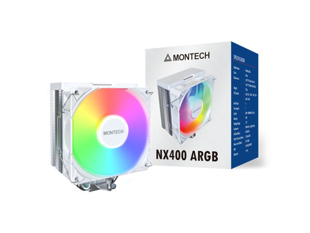 MONTECH NX400 ARGB - CPU Air Cooler, Single Tower, 4 Advanced Heat Pipes, 52-fin Heat Sink, E28 ...