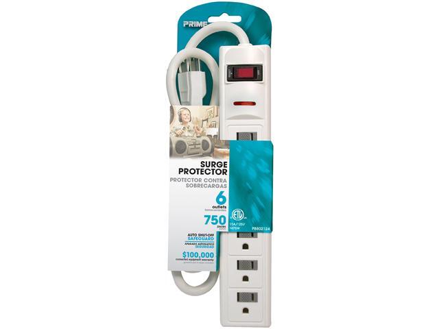 6-Outlet 750 Joule Surge Protector, 3' Cord, White Prime Surge ...