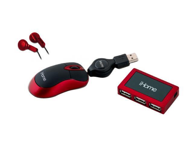 iHome IH-B936NR Red Wired Optical Retractable Netbook Mouse, 4-Port USB ...