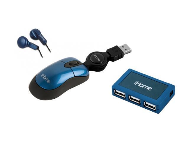 iHome IH-B939NN Blue Wired Optical Netbook Mouse, 4-Port USB 2.0 Hub ...