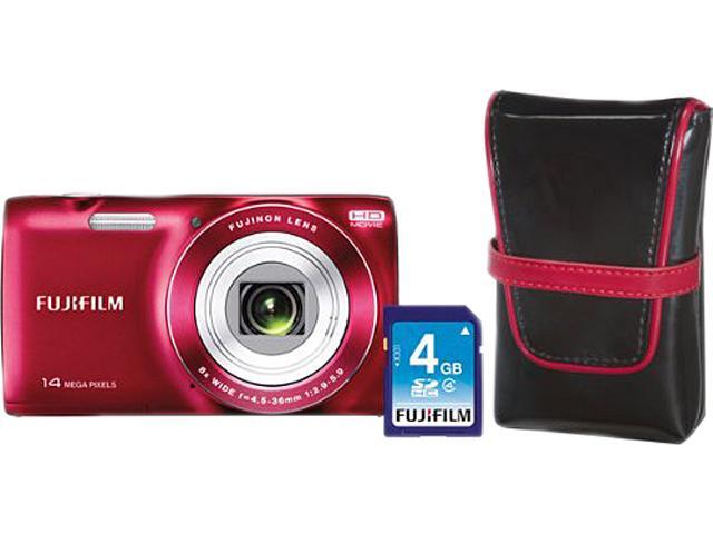 FUJIFILM Finepix JZ100 Red 14.0 MP Wide Angle Digital Camera Bundle includes Case & 4 GB SD ...