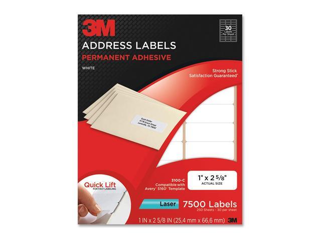3M 3100-C Permanent Adhesive White Laser Mailing Labels, 1 x 2-5/8 ...