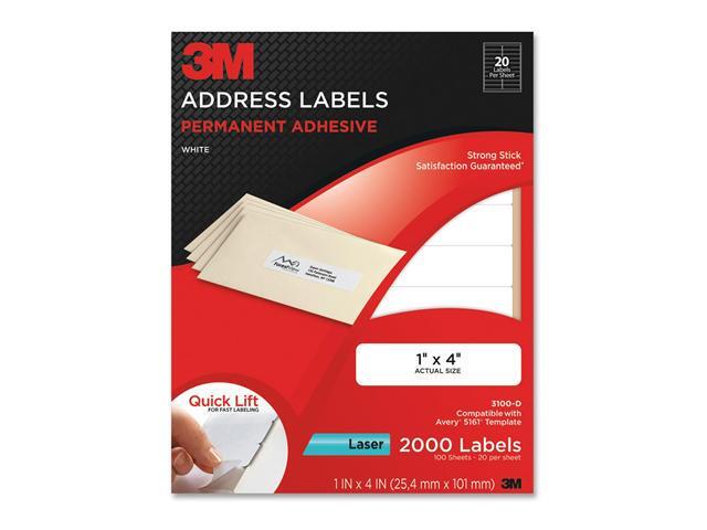 3M 3100-D Permanent Adhesive White Laser Mailing Labels, 1 x 4, 2000 ...