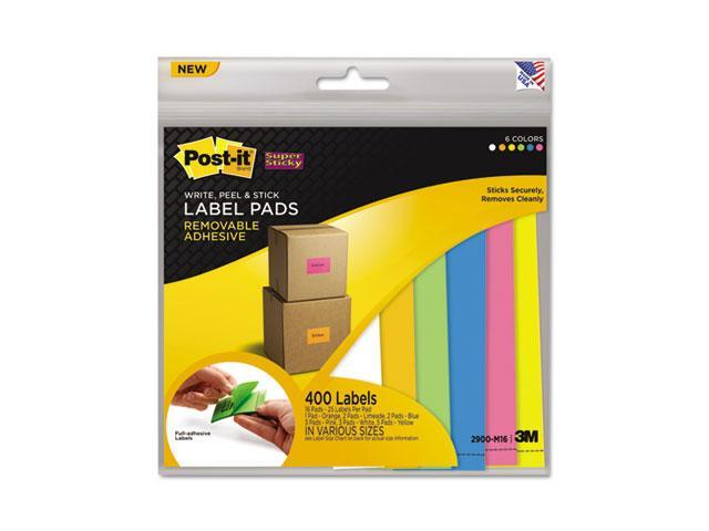 Post-it 2900-M16 Super Sticky Removable Label Pads, Asst Sizes/Colors ...