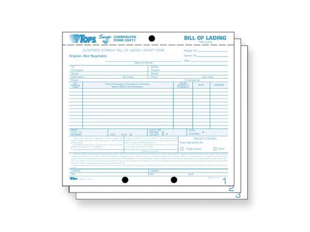 Tops 38411 Snap-Off Bill of Lading, 8-1/2 x 7, Three-Part Carbonless ...