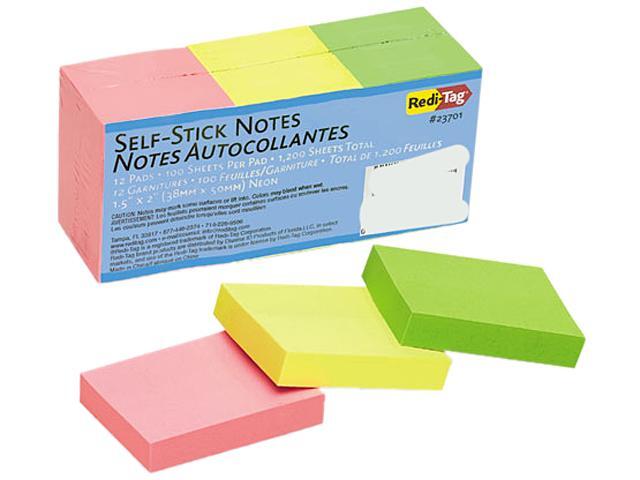 Redi-Tag 23701 Self-Stick Notes, 1 1/2 x 2, Neon, 12 100-Sheet Pads ...