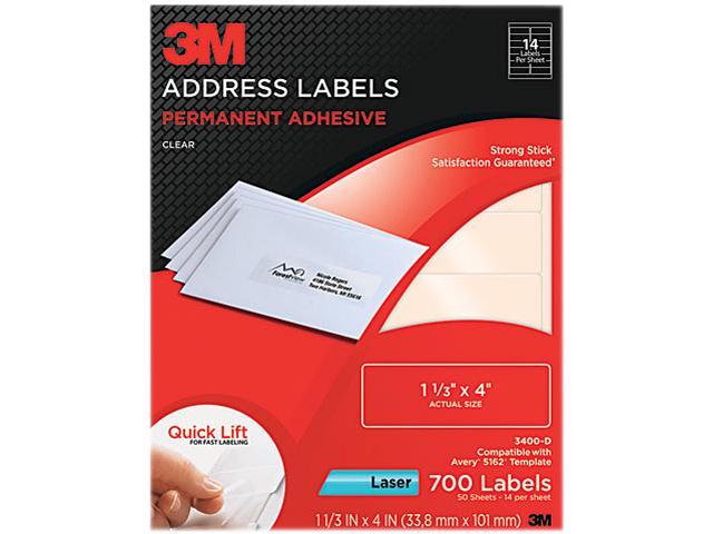3M 3400-D Permanent Adhesive Clear Laser Mailing Labels, 1-1/3 x 4, 700 ...