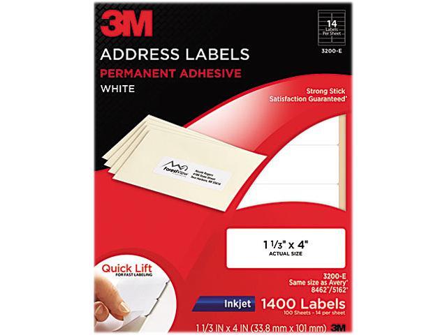 3M 3200-E Permanent Adhesive White Mailing Labels f/ Inkjet Printers, 1 ...