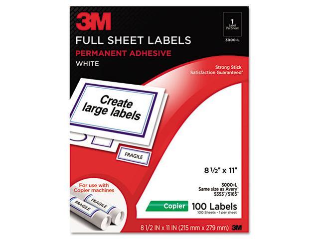 3M 3000-L Permanent Adhesive White Full Sheet Copier Labels, 8-1/2 x 11 ...