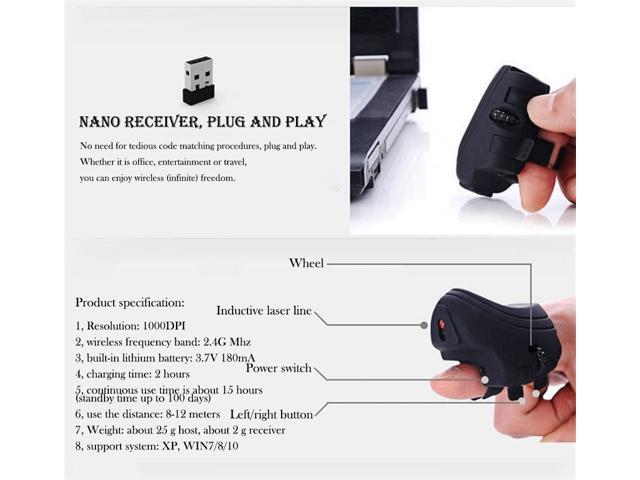 Black 2.4GHz USB Finger Wireless Optical Mouse Portable 2.4Ghz Wireless ...