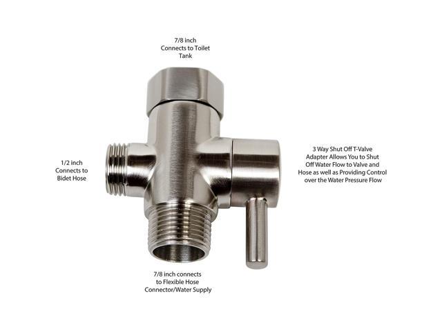 Brass T-Valve Adapter for Handheld Bidet 3 Way Shut Off Brushed Nickel ...