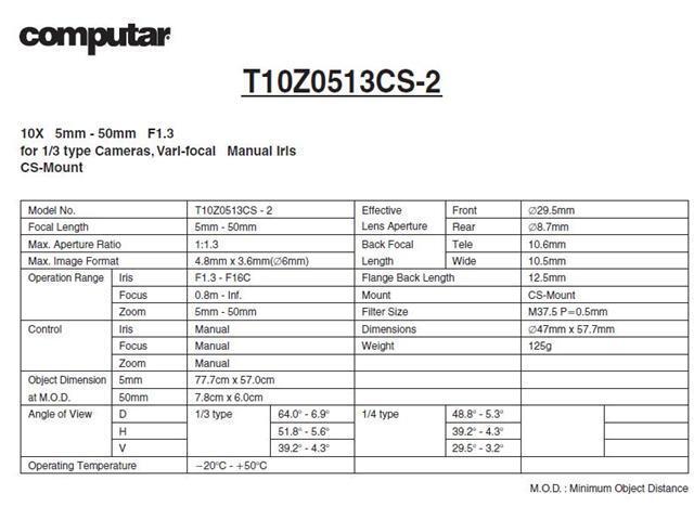Computar Ganz High Quality CCTV Camera Lens T10Z0513CS 1/3" 5-50mm f1.3 Varifocal, Manual Iris ...