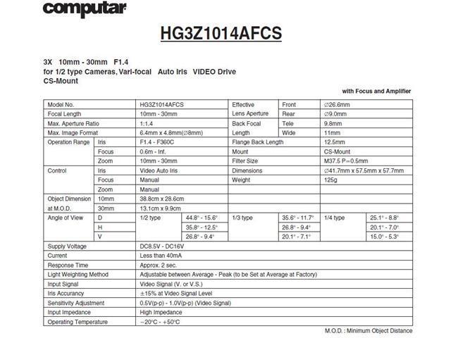 Computar Ganz High Quality CCTV Camera Lens HG3Z1014AFCS 1/2" 10-30mm f1.4 Varifocal, Video Auto ...
