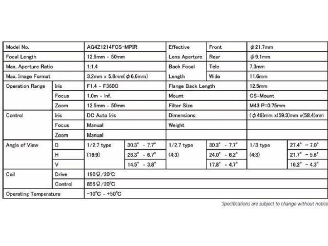 Computar Ganz High Quality CCTV Camera Lens AG4Z1214FCS-MPIR "A" Series 3 Megapixel, 1/2.7" 12.5 ...