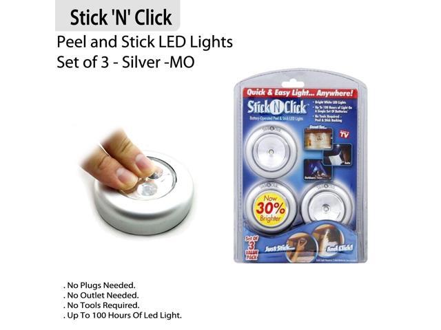 Round Stick 'N' Click - Peel and Stick LED Lights - Set of 3 - Silver ...