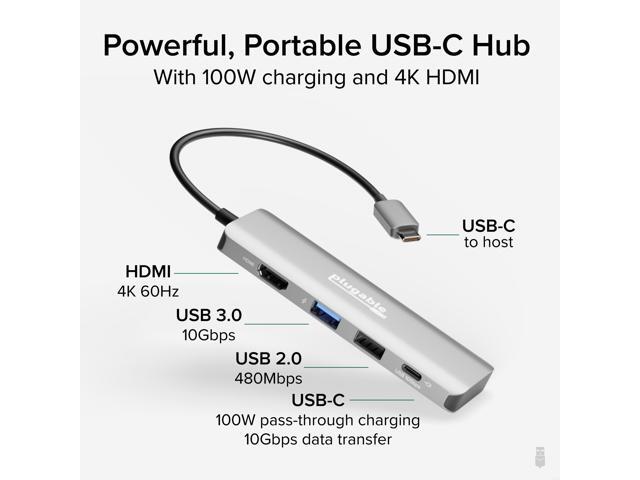 Plugable USB C Hub Multiport Adapter, 4 in 1, 100W Pass Through ...