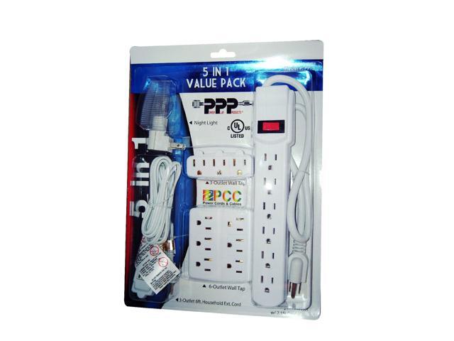 Power Play Products PPP 5-in-1 Wall Tap, Surge, Extension, Light Value ...