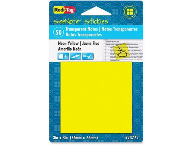 Redi-Tag Transparent Film Sticky Notes 3 x 3 Neon Yellow 50-Sheets/Pad ...