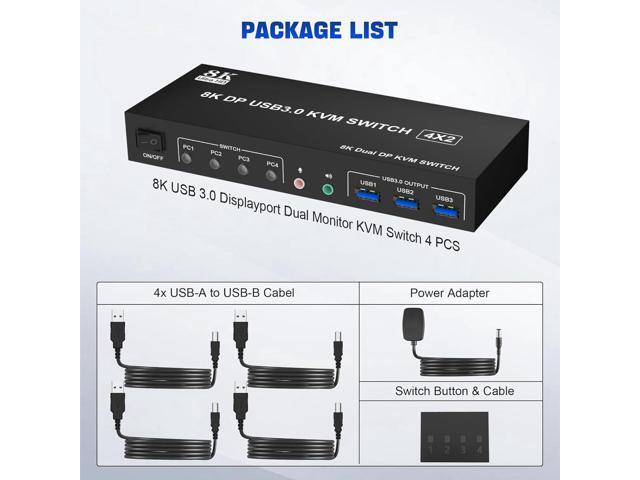 8K@60Hz USB 3.0 Displayport KVM Switch 2 Monitors 4 Computers, Dual ...