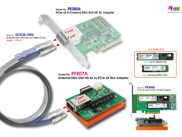External MINI SAS HD (SFF-8644) 2x to PCIe x8 Gen 3 Slot Adapter ...