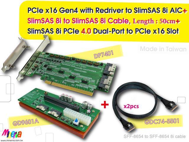 PCIe x16 Gen 4 with ReDriver to SlimSAS 8i x2 AIC+ SlimSAS 8i cable, 50cm x2pcs + SlimSAS 8i x2 ...