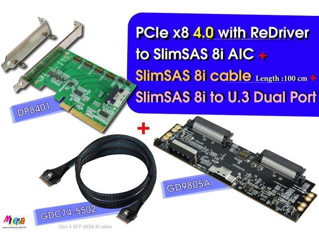 PCIe x8 Gen4 with ReDriver to SlimSAS 8i AIC & SlimSAS 8i cable, 100cm ...
