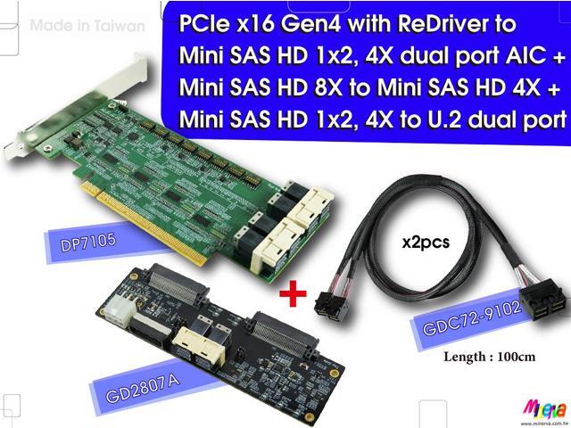 PCIe x16 Gen4 with ReDriver to Mini SAS HD 1x2, 4X dual port AIC & Mini ...