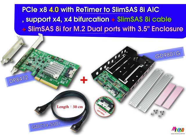 PCIe x8 Gen 4+ReTimer to SlimSAS 8i+SlimSAS 8i, 50cm cable+SlimSAS 8i ...