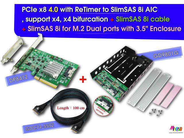 PCIe x8 Gen 4+ReTimer to SlimSAS 8i+SlimSAS 8i, 100cm cable+SlimSAS 8i ...
