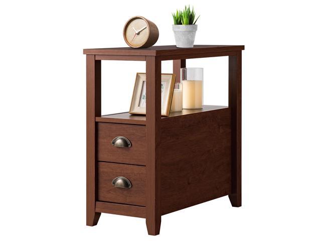 End Table w/ 2 Drawer & Shelf Narrow Chair Side Nightstand Rustic Style ...