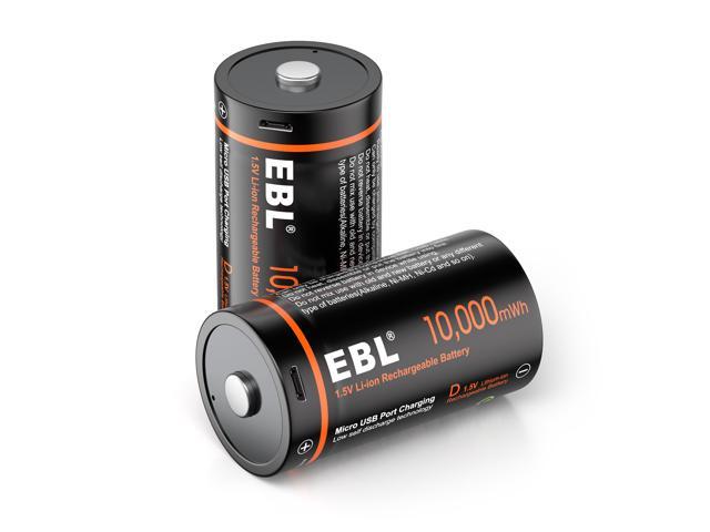 EBL 2 Pack D Size USB Rechargeable Batteries 10000mWh 1.5V Long Lasting ...