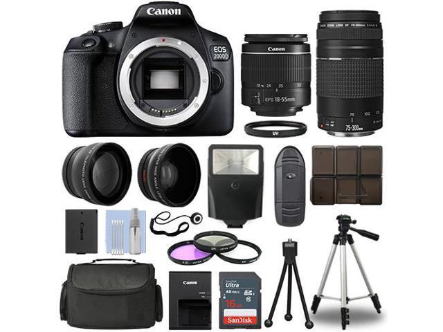 Canon EOS 2000D DSLR Camera + 4 Lens Kit 18-55mm + 70-300mm + 16GB Top ...