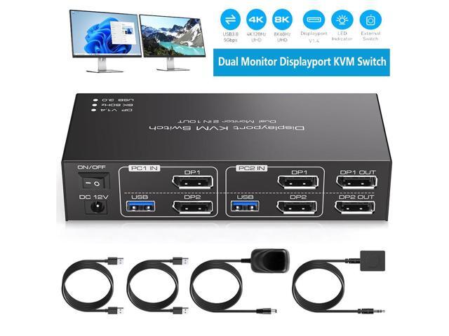Dual Monitor Displayport KVM Switch, 8K@60Hz/4K@120Hz USB 3.0 DP 1.4 ...