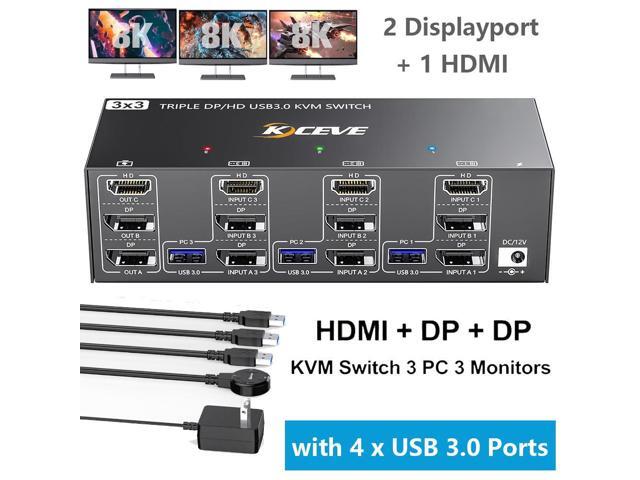 USB 3.0 KVM Switch 3 PC 3 Monitors, 2 Displayport + HDMI Triple ...