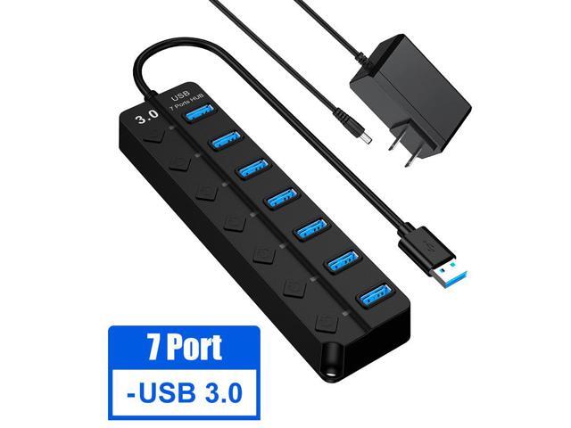 USB Hub 3.0 Powered, USB Extender 7-Port Data USB Hub with Power Adapter, USB Splitter with On ...