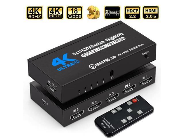 HDMI Switch 5x1 HDMI Switcher 5 in 1 Out HDMI Switch Selector 5 Port Box with IR Remote Control ...