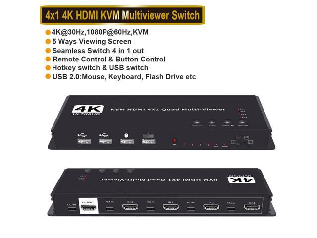 4K HDMI KVM Multi Viewer Switch 4x1, Quad Seamless HDMI Switcher, 4 in 1 Out with IR Control, 5 ...