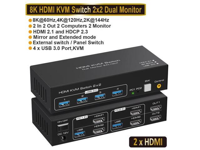 USB 3.0 HDMI KVM Switch 2 Monitors 2 Computers 8K@60Hz 4K@120Hz, EDID ...