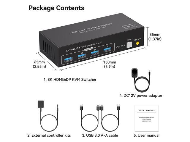 4K 120Hz HDMI+DP Exclusive KVM Switch 2 Monitors 2 Computers , with 4 ...