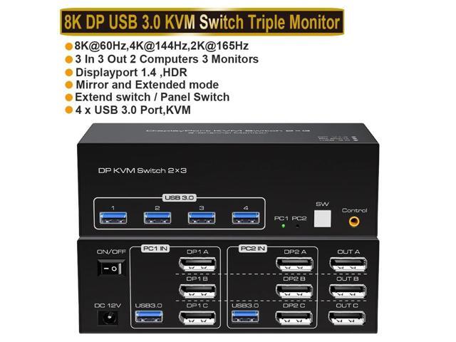 4K 120Hz Displayport KVM Switch 3 Monitors 2 Computers, 3 Port DP ...