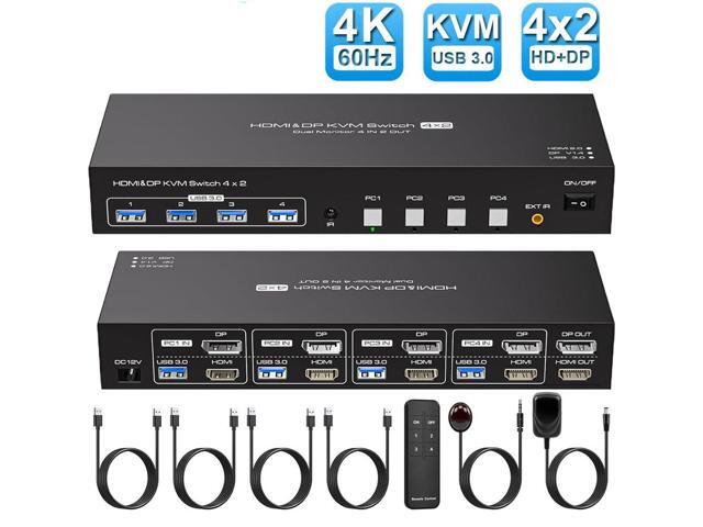 LUOM HDMI+DisplayPort kvm Switch 4 Computers 2 Monitors 4K@60hz USB 3.0 ...