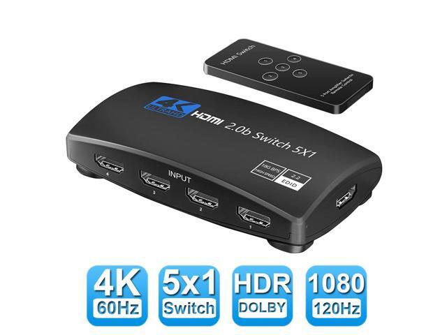 4K@60Hz HDMI Switch 5x1, 5 Port HDMI Switcher with IR Wireless Remote ...