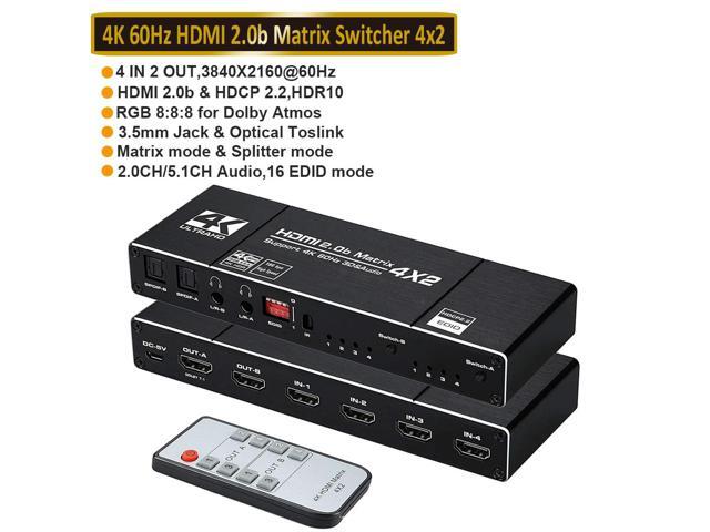 HDMI Matrix Switch 4x2, 4K@60Hz HDMI Matrix Switcher Splitter 4 in 2 Out Box with 2xSPDIF Audio ...