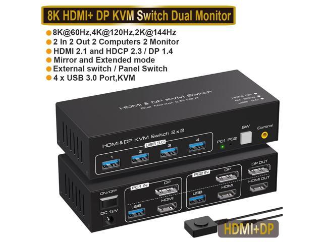 2 Computers DisplayPort HDMI Monitors KVM Switch 8K@60Hz, EDID, Digital ...