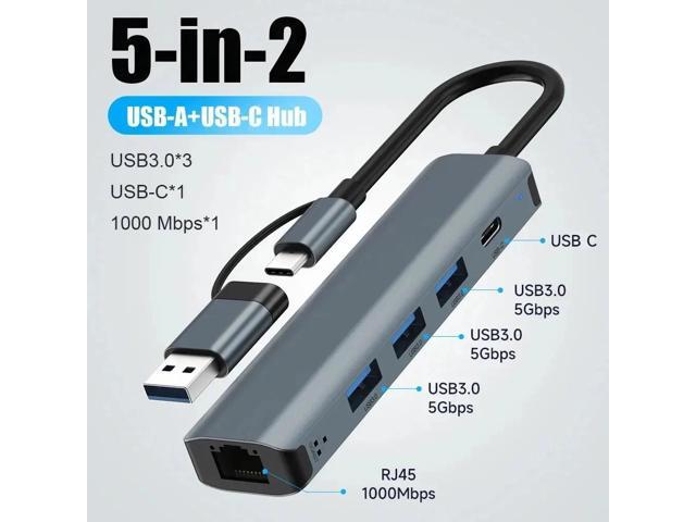 Jansicotek USB-A USB-C to Ethernet Adapter, 5-in-2 Portable Data Hub ...